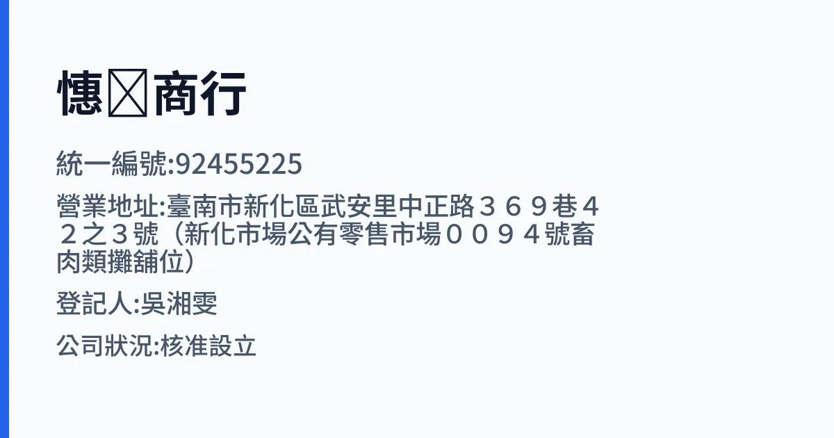 憓䅨商行 - 統編 92455225(臺南市) 公司登記資料與營業項目詳細圖表