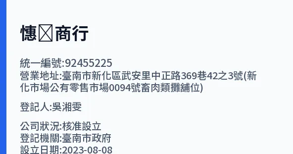 憓䅨商行的照片-統編 92455225(臺南市) 公司登記資料與營業項目詳細圖表