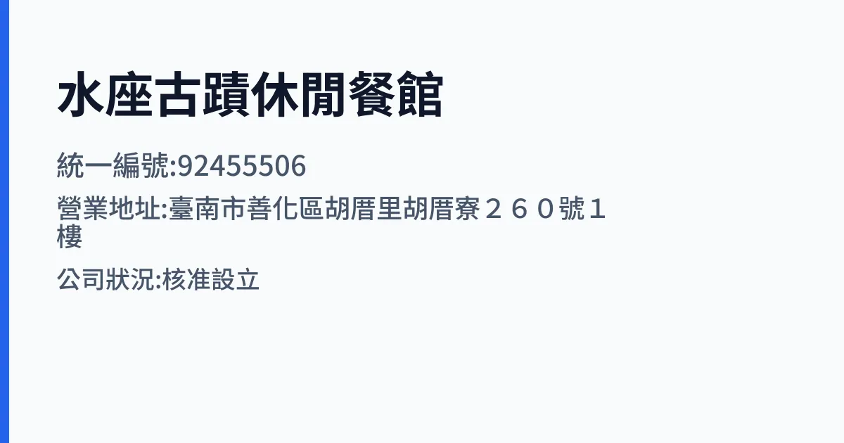 水座古蹟休閒餐館 - 統編 92455506(臺南市) 公司登記資料與營業項目詳細圖表