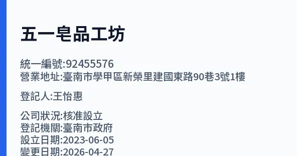 五一皂品工坊的照片-統編 92455576(臺南市) 公司登記資料與營業項目詳細圖表