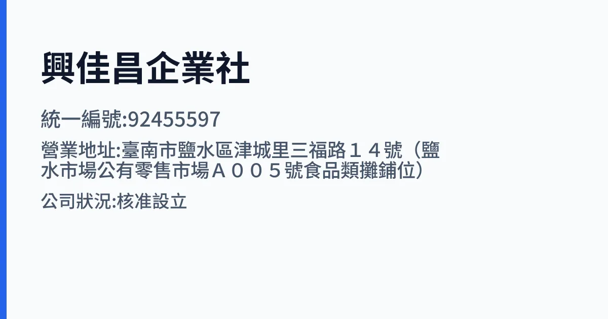 興佳昌企業社 - 統編 92455597（臺南市） 公司登記資料與營業項目詳細圖表