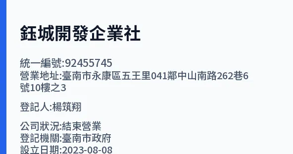 鈺城開發企業社的照片-統編 92455745(臺南市) 公司登記資料與營業項目詳細圖表