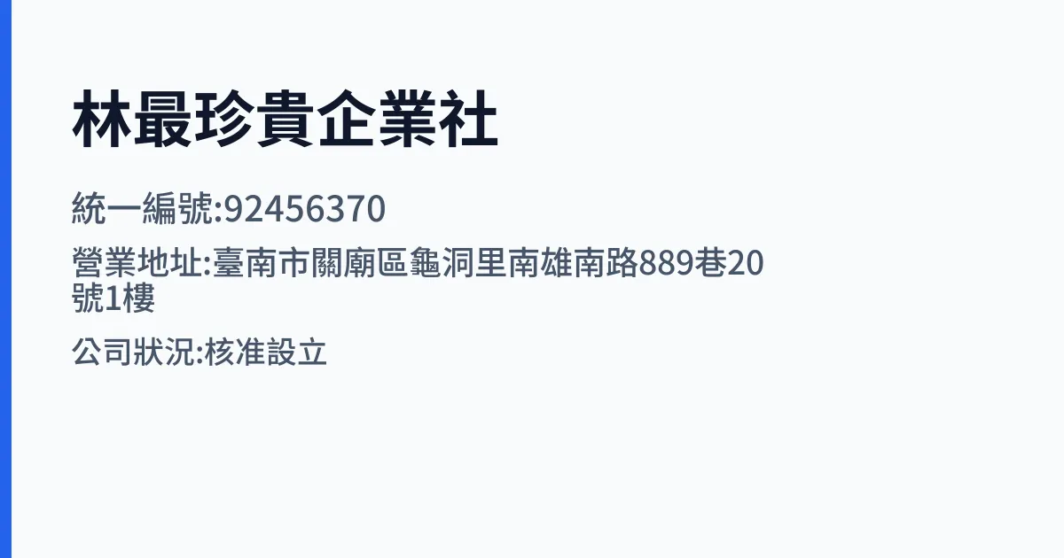 林最珍貴企業社 - 統編 92456370(臺南市) 公司登記資料與營業項目詳細圖表