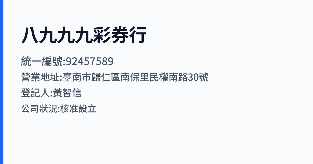 八九九九彩券行 - 統編 92457589(臺南市) 公司登記資料與營業項目詳細圖表