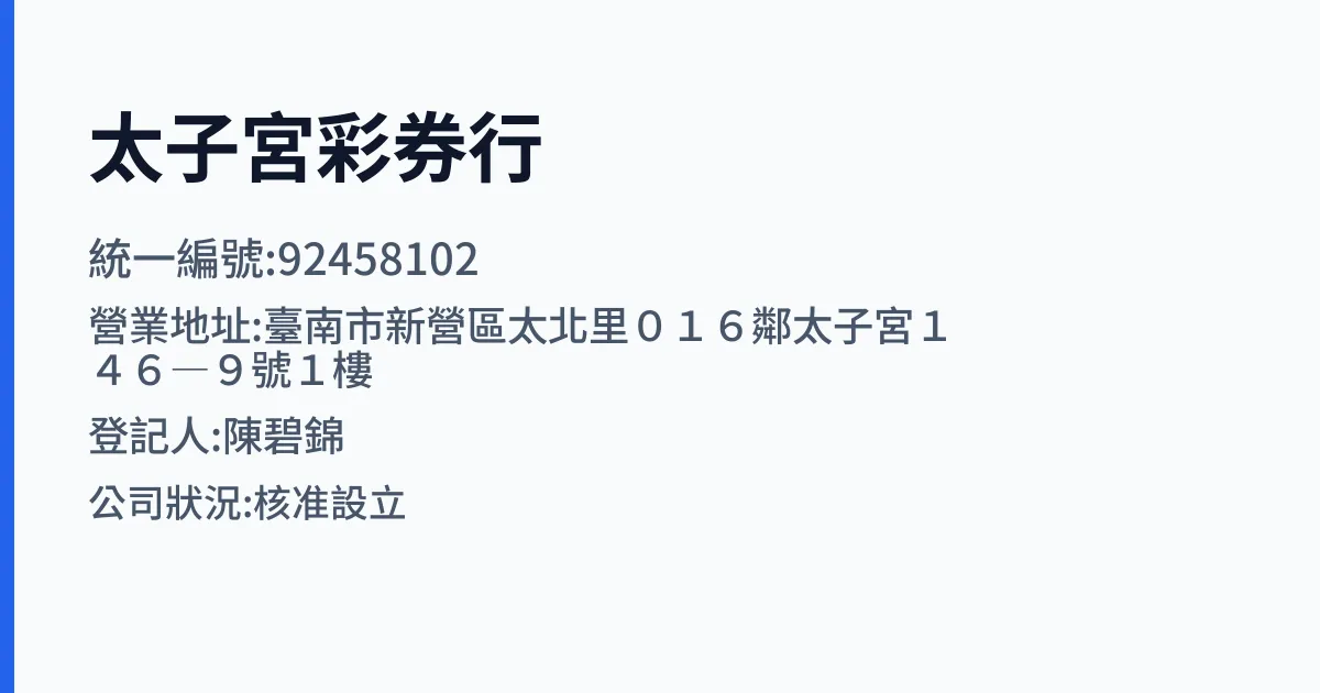 太子宮彩券行 - 統編 92458102(臺南市) 公司登記資料與營業項目詳細圖表