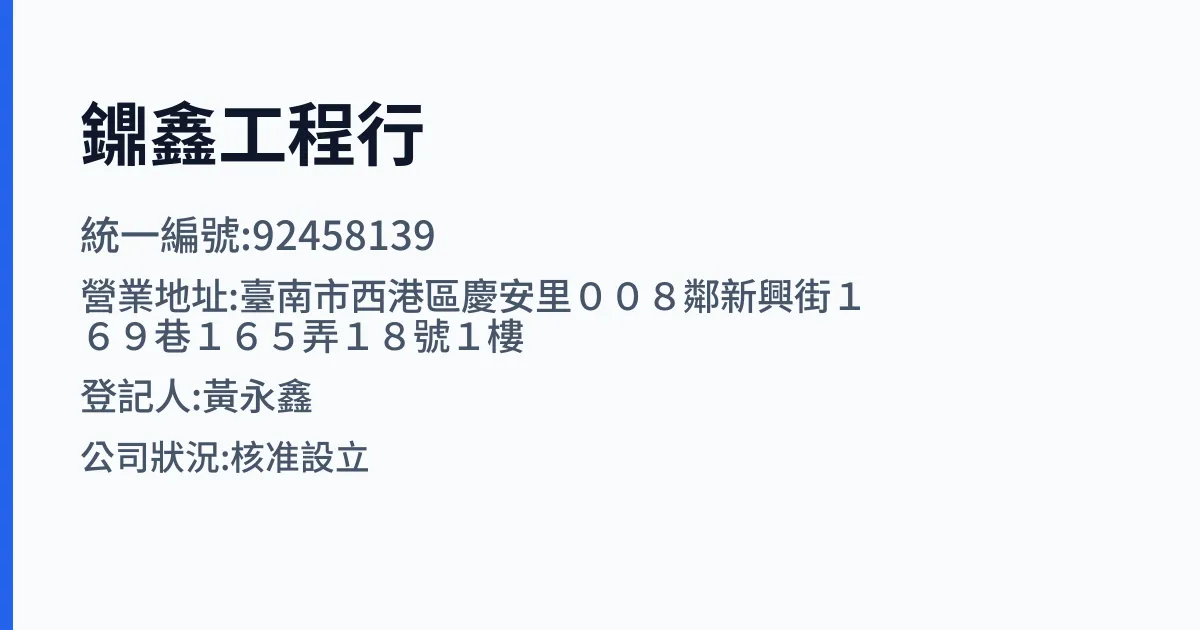 鐤鑫工程行 - 統編 92458139(臺南市) 公司登記資料與營業項目詳細圖表