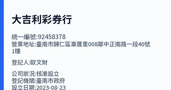大吉利彩券行的照片-統編 92458378(臺南市) 公司登記資料與營業項目詳細圖表