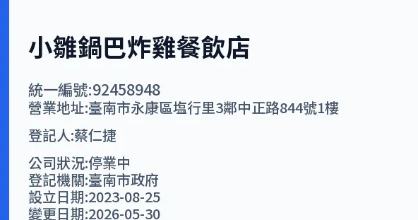 小雛鍋巴炸雞餐飲店的照片-統編 92458948(臺南市) 公司登記資料與營業項目詳細圖表