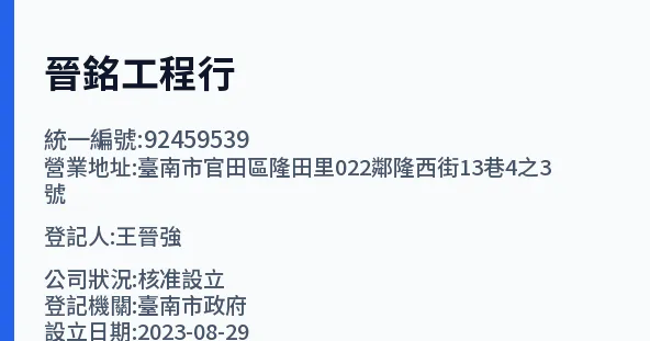 晉銘工程行的照片-統編 92459539(臺南市) 公司登記資料與營業項目詳細圖表