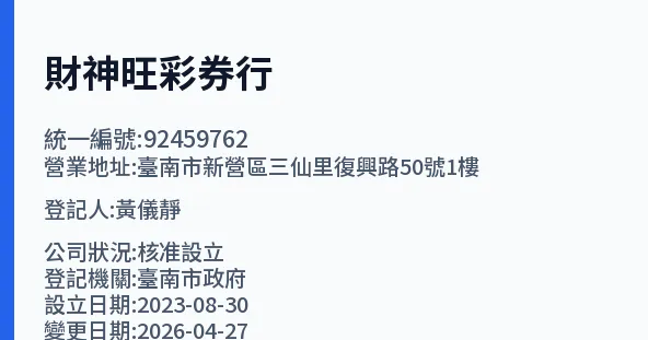 財神旺彩券行的照片-統編 92459762(臺南市) 公司登記資料與營業項目詳細圖表