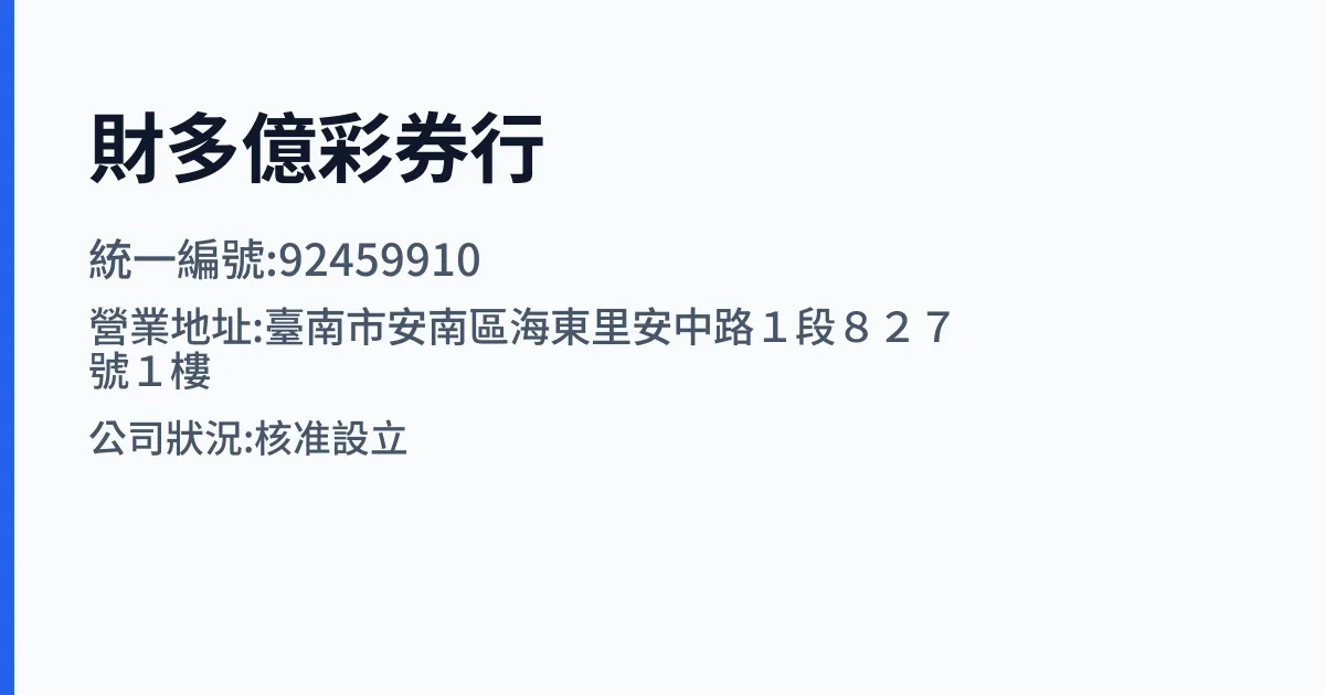 財多億彩券行 - 統編 92459910(臺南市) 公司登記資料與營業項目詳細圖表