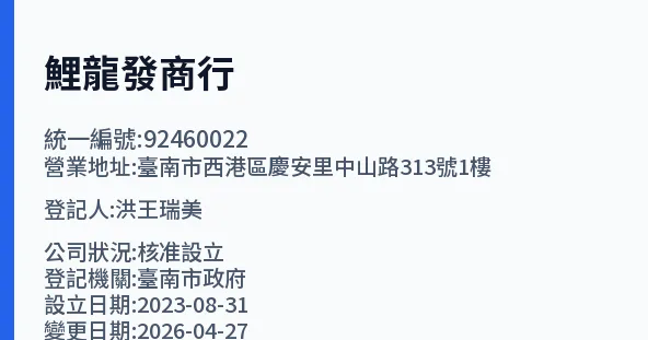 鯉龍發商行的照片-統編 92460022(臺南市) 公司登記資料與營業項目詳細圖表