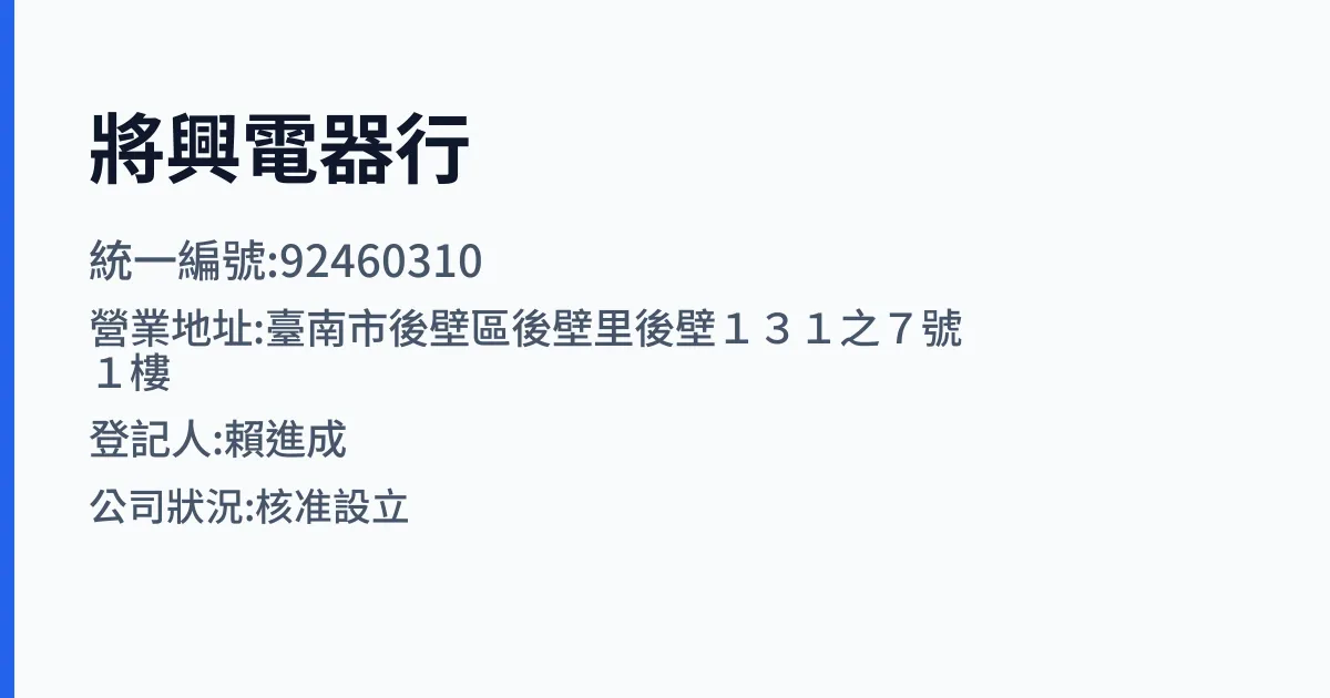 將興電器行 - 統編 92460310(臺南市) 公司登記資料與營業項目詳細圖表