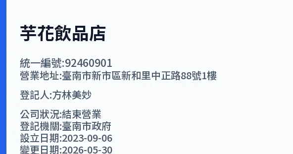 芋花飲品店的照片-統編 92460901(臺南市) 公司登記資料與營業項目詳細圖表