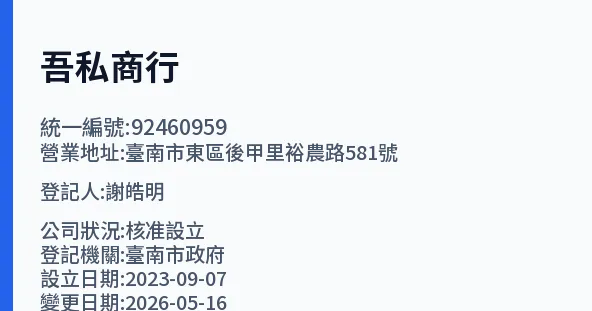 吾私商行的照片-統編 92460959(臺南市) 公司登記資料與營業項目詳細圖表