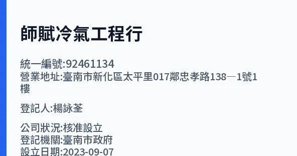 師賦冷氣工程行的照片-統編 92461134(臺南市) 公司登記資料與營業項目詳細圖表