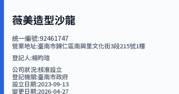薇美造型沙龍的照片-統編 92461747(臺南市) 公司登記資料與營業項目詳細圖表