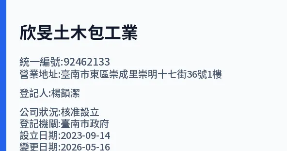 欣旻土木包工業的照片-統編 92462133(臺南市) 公司登記資料與營業項目詳細圖表