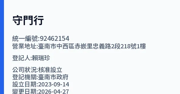 守門行的照片-統編 92462154(臺南市) 公司登記資料與營業項目詳細圖表