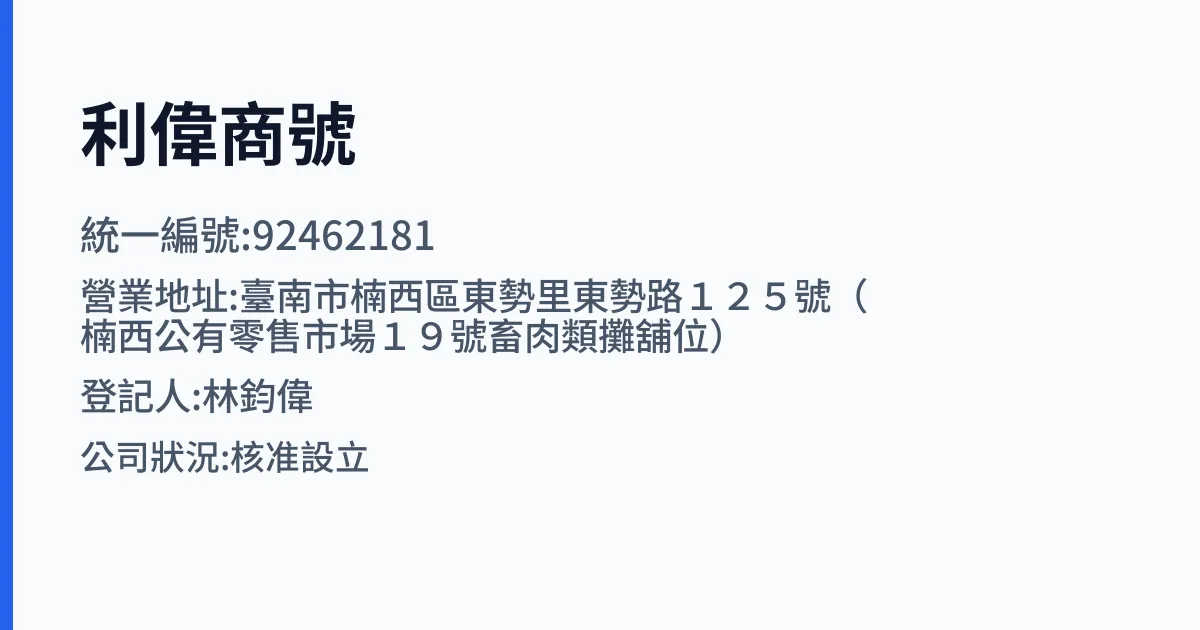 利偉商號 - 統編 92462181(臺南市) 公司登記資料與營業項目詳細圖表