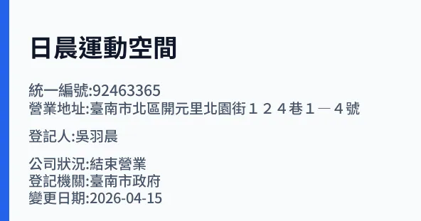 日晨運動空間的照片-統編 92463365(臺南市) 公司登記資料與營業項目詳細圖表