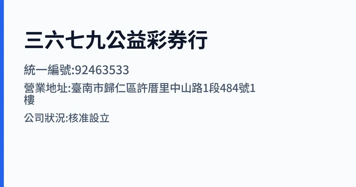 三六七九公益彩券行 - 統編 92463533（臺南市） 公司登記資料與營業項目詳細圖表