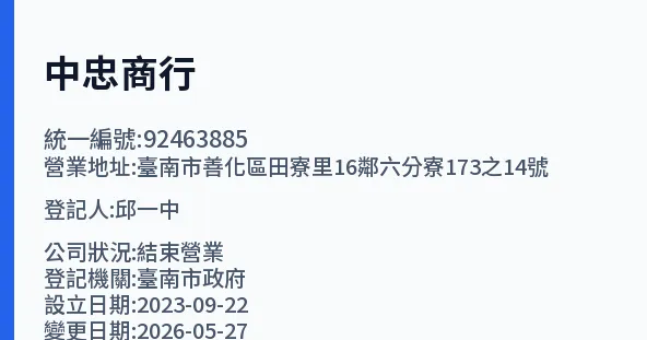 中忠商行的照片-統編 92463885(臺南市) 公司登記資料與營業項目詳細圖表