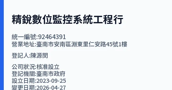 精銳數位監控系統工程行的照片-統編 92464391(臺南市) 公司登記資料與營業項目詳細圖表