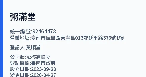 粥滿堂的照片-統編 92464478(臺南市) 公司登記資料與營業項目詳細圖表