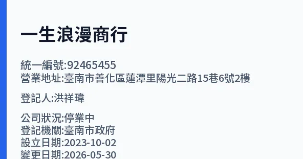 一生浪漫商行的照片-統編 92465455(臺南市) 公司登記資料與營業項目詳細圖表