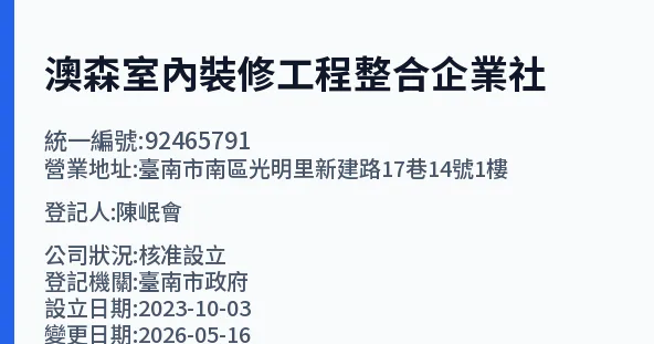 澳森室內裝修工程整合企業社的照片-統編 92465791(臺南市) 公司登記資料與營業項目詳細圖表