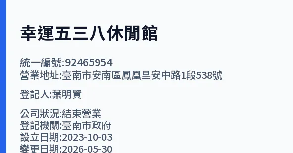 幸運五三八休閒館的照片-統編 92465954(臺南市) 公司登記資料與營業項目詳細圖表