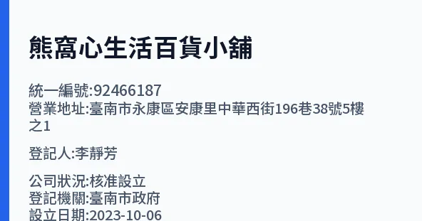 熊窩心生活百貨小舖的照片-統編 92466187(臺南市) 公司登記資料與營業項目詳細圖表