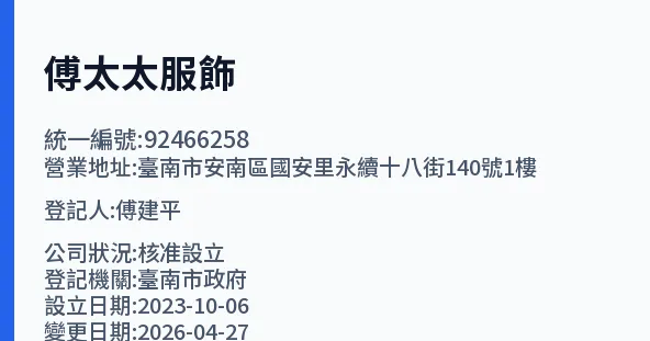 傅太太服飾的照片-統編 92466258(臺南市) 公司登記資料與營業項目詳細圖表