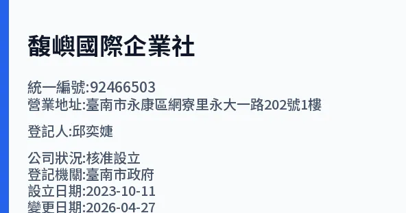 馥嶼國際企業社的照片-統編 92466503(臺南市) 公司登記資料與營業項目詳細圖表