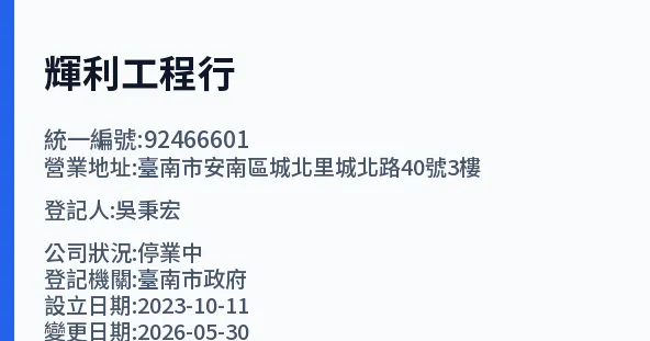 輝利工程行的照片-統編 92466601(臺南市) 公司登記資料與營業項目詳細圖表