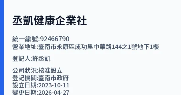 丞凱健康企業社的照片-統編 92466790(臺南市) 公司登記資料與營業項目詳細圖表