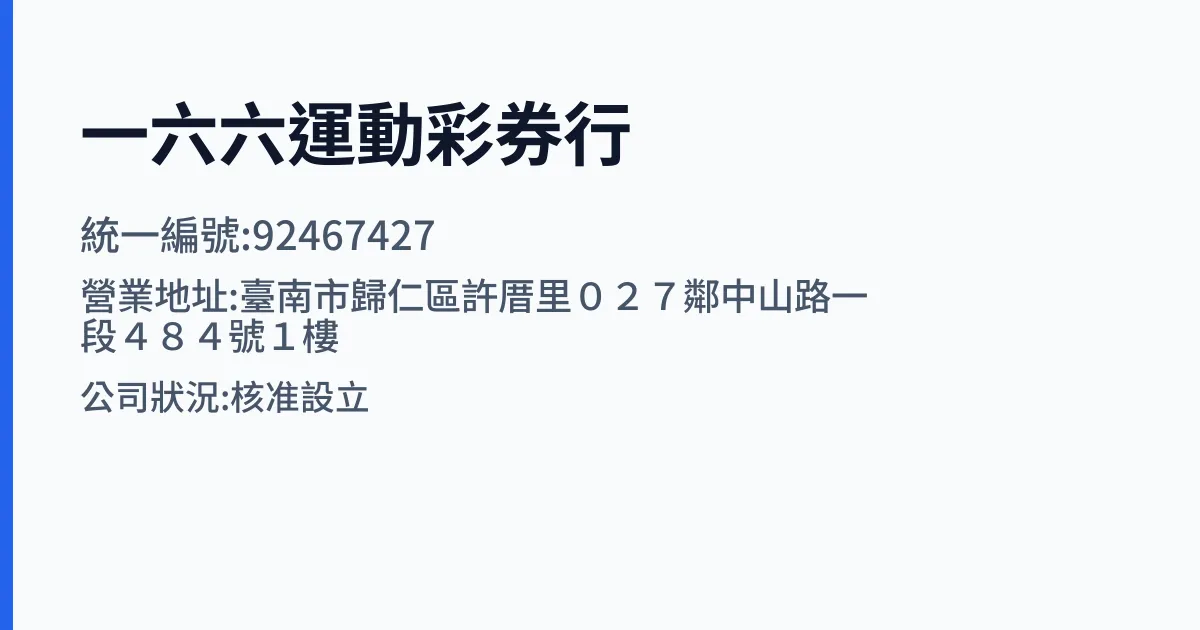 一六六運動彩券行 - 統編 92467427（臺南市） 公司登記資料與營業項目詳細圖表