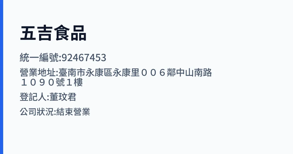 五吉食品 - 統編 92467453(臺南市) 公司登記資料與營業項目詳細圖表