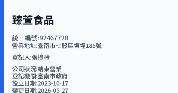 臻萱食品的照片-統編 92467720(臺南市) 公司登記資料與營業項目詳細圖表