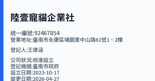 陸壹寵貓企業社的照片-統編 92467854(臺南市) 公司登記資料與營業項目詳細圖表