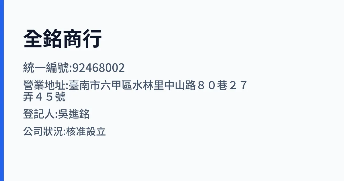 全銘商行 - 統編 92468002(臺南市) 公司登記資料與營業項目詳細圖表