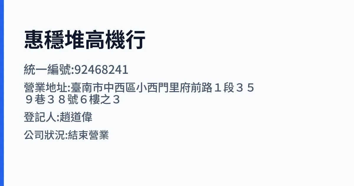 惠穩堆高機行 - 統編 92468241(臺南市) 公司登記資料與營業項目詳細圖表