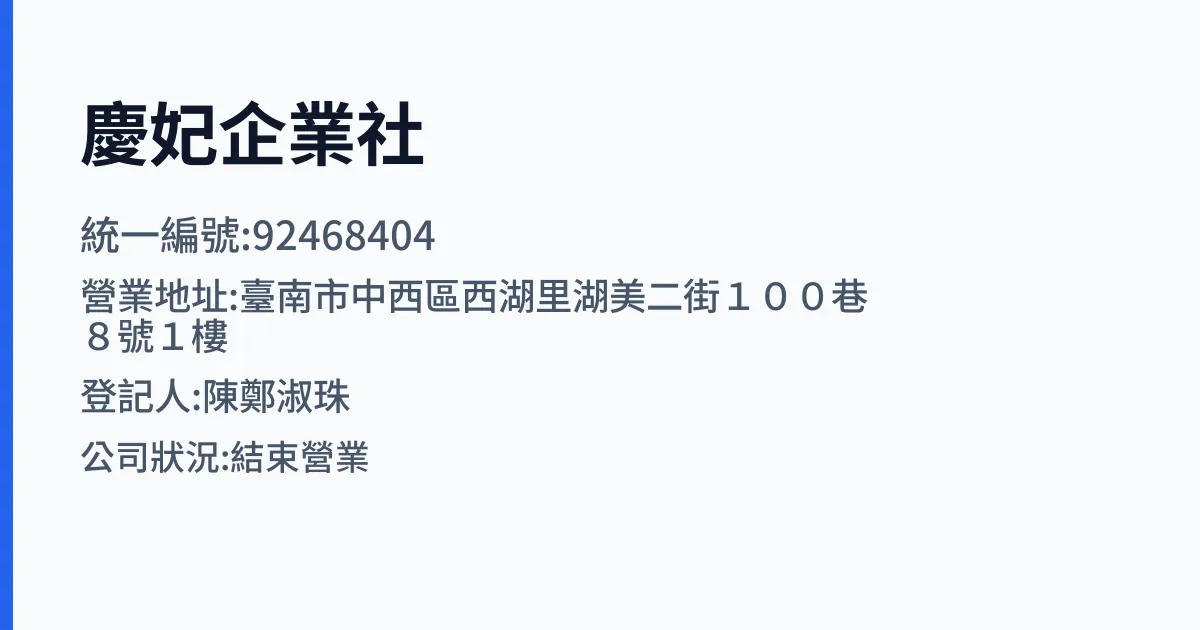慶妃企業社 - 統編 92468404(臺南市) 公司登記資料與營業項目詳細圖表