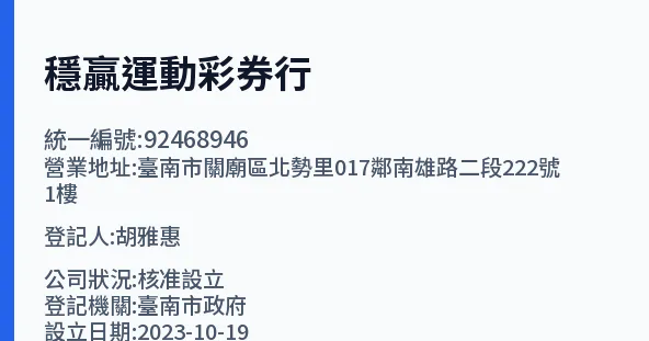 穩贏運動彩券行的照片-統編 92468946(臺南市) 公司登記資料與營業項目詳細圖表