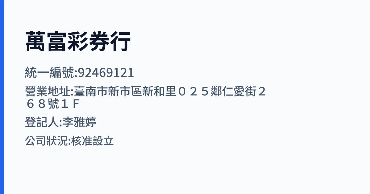 萬富彩券行 - 統編 92469121(臺南市) 公司登記資料與營業項目詳細圖表