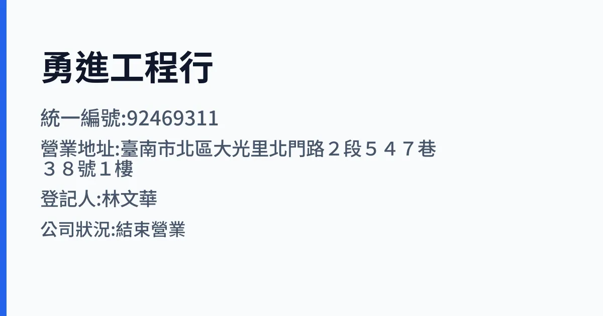 勇進工程行 - 統編 92469311(臺南市) 公司登記資料與營業項目詳細圖表