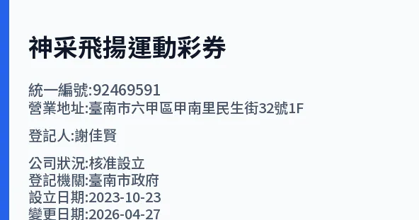 神采飛揚運動彩券的照片-統編 92469591(臺南市) 公司登記資料與營業項目詳細圖表