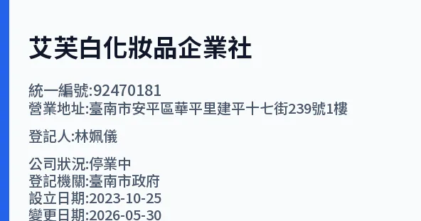 艾芙白化妝品企業社的照片-統編 92470181(臺南市) 公司登記資料與營業項目詳細圖表