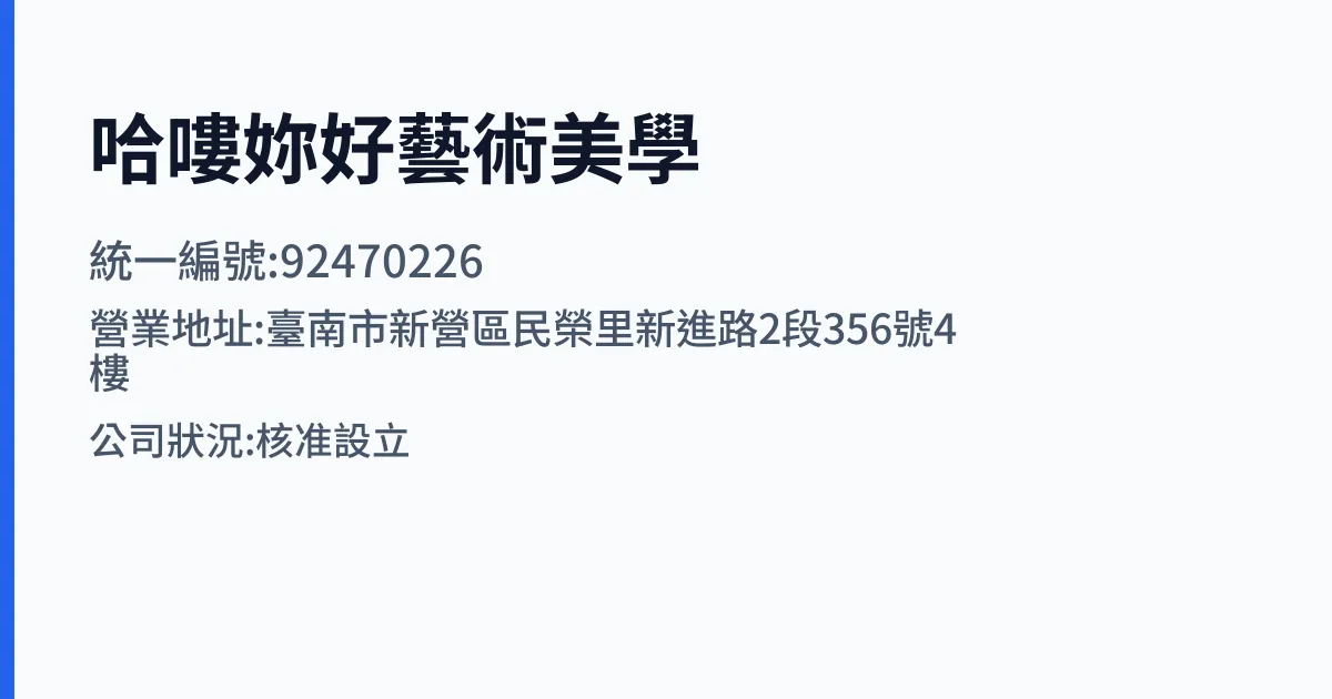 哈嘍妳好藝術美學 - 統編 92470226(臺南市) 公司登記資料與營業項目詳細圖表